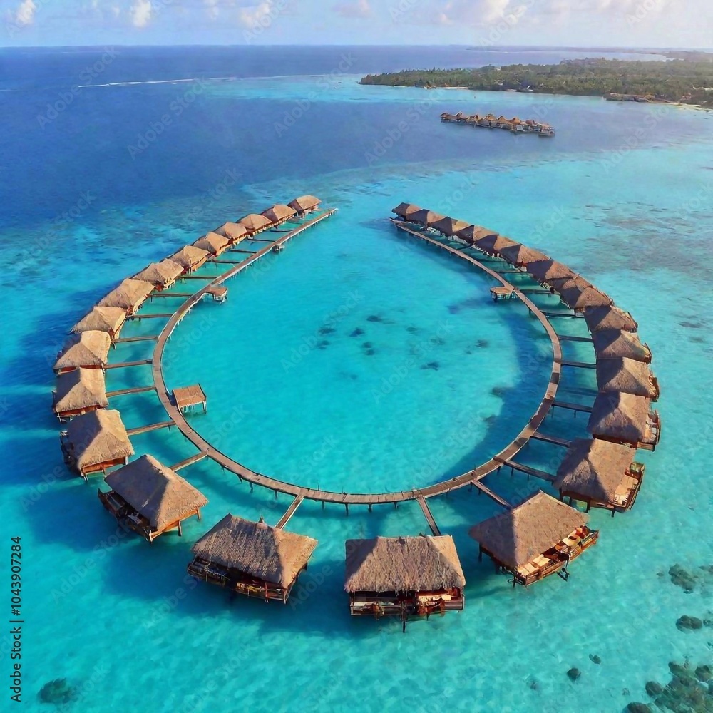 A medium shot of a tropical island resort with overwater bungalows ...