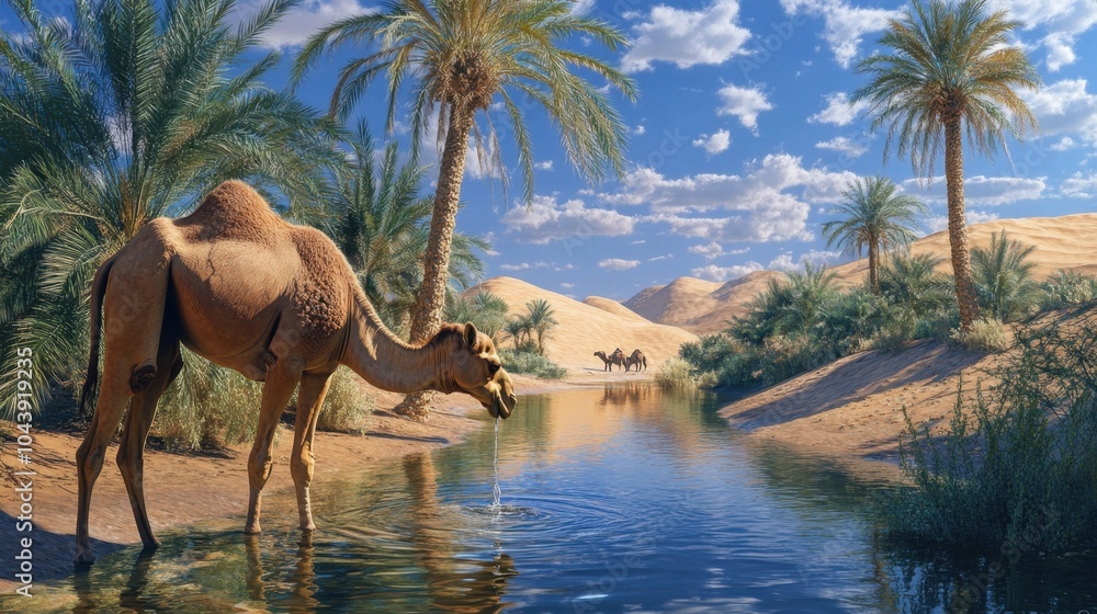 A camel drinking water from a small desert oasis, with palm trees and ...