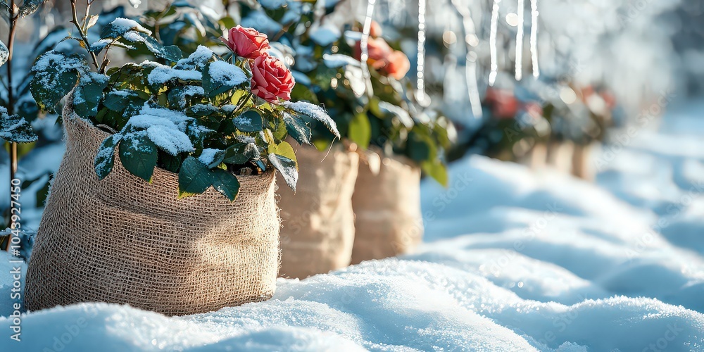Rose bushes in a garden are wrapped in burlap for winter protection ...
