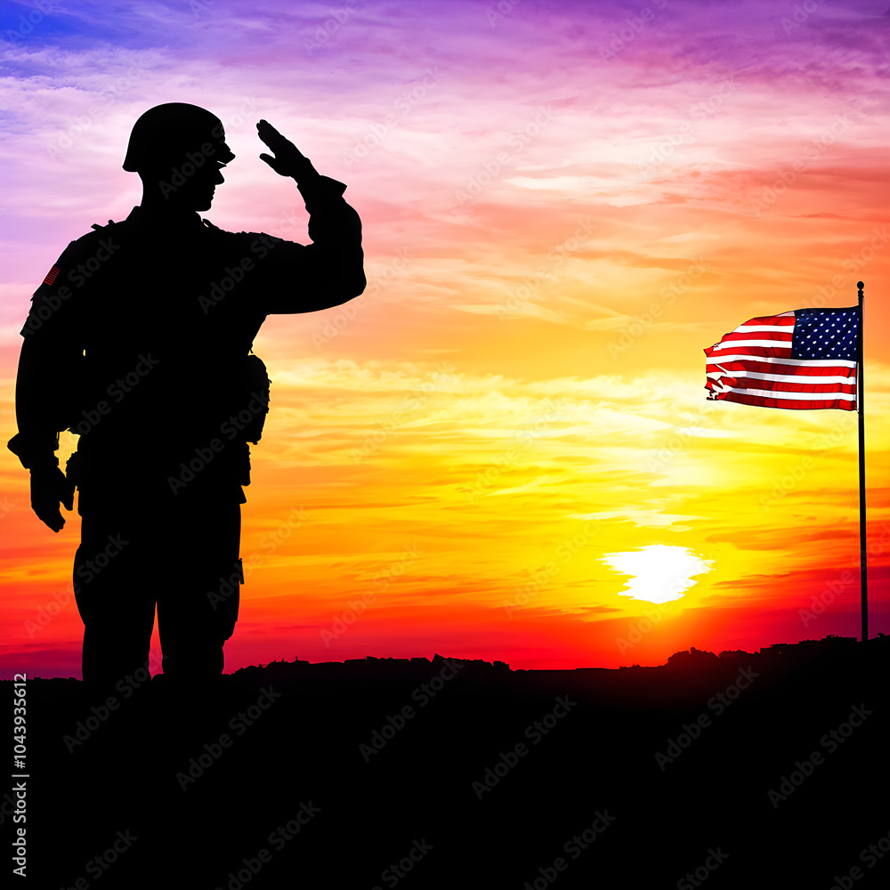 Combat soldier silhouette saluting US American flagpole on sunset Patriotic Service Honor ...