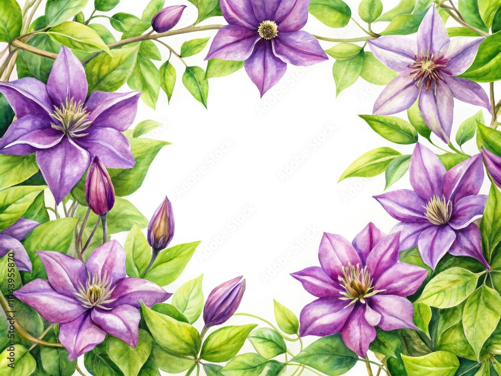 Lilac Clematis Floral Border Frame Watercolor Design for Cards and ...