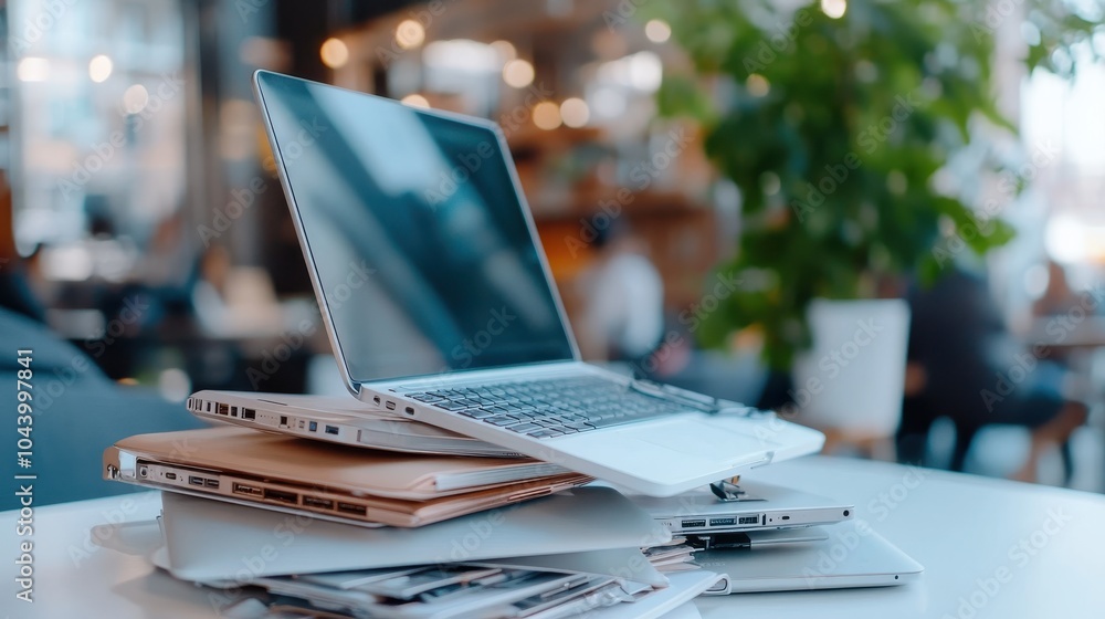 An open laptop placed on top of a stack file folders on a desk in an ...
