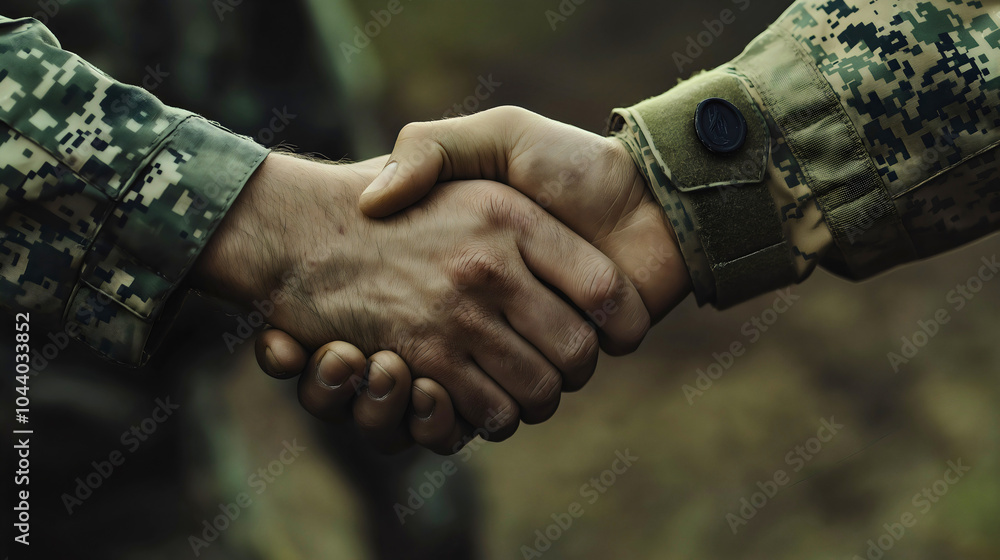 Foto de Stock Two soldiers shaking hands on a battlefield, the image ...