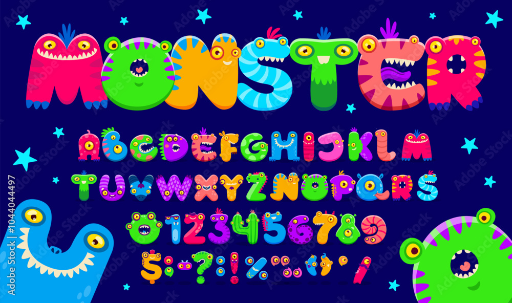 Cartoon monster font, bugaboo type, bogle typeface, scarecrow alphabet ...