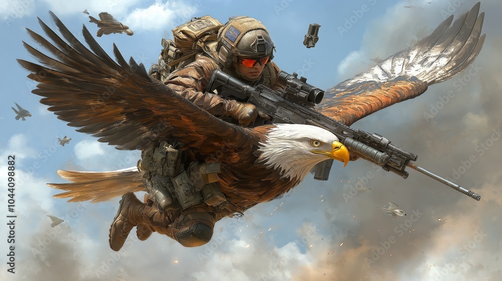 A soldier riding a powerful bald eagle in mid-air, symbolizing strength ...