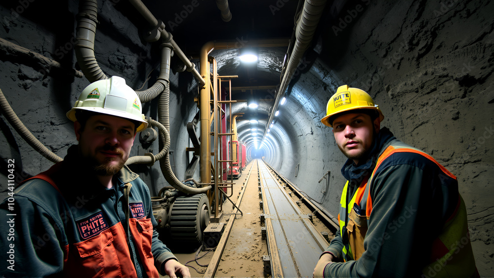 An underground tunnel lined with intricate mining machinery and ...