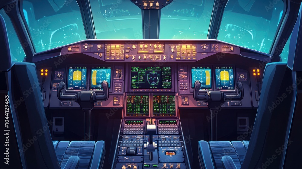 Transparent cockpit view with airplane control panel and buttons. Stock ...