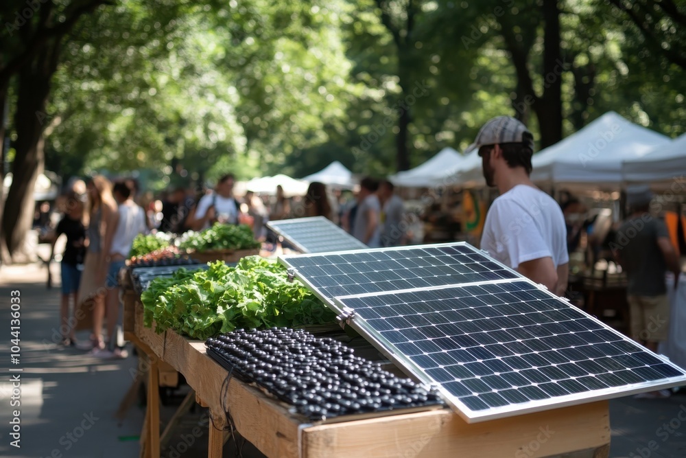 Depicts a vibrant outdoor market stall featuring an assortment of fresh ...