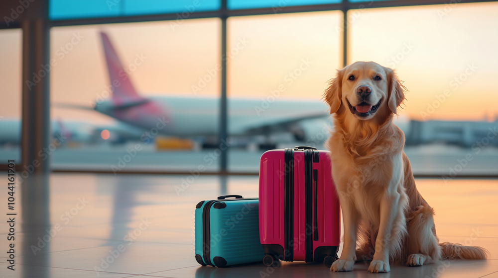 A golden retriever sits patiently at the bustling airport terminal ...