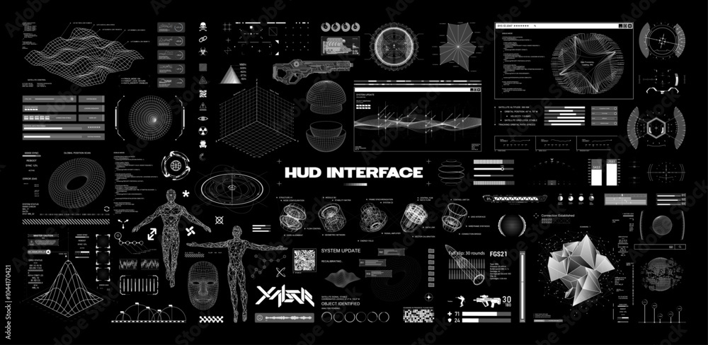 Futuristic HUD interface collection, with 3D objects, wireframes ...