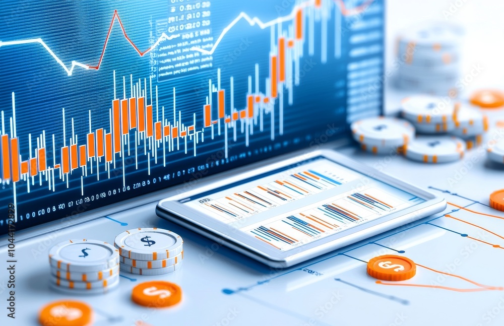 In gray color, stock market chart, line graph, and connecting dots are ...