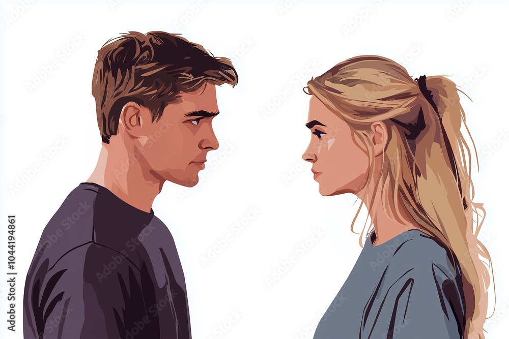 Couple close-up, man apologizing to girl. Vector style characters ...