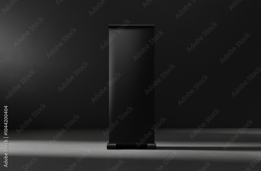 A blank black roll-up banner standing straight on the floor ...