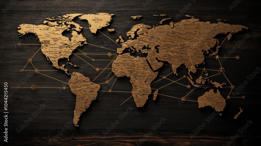 A 3D-rendered world map with lines linking key financial centers and ...