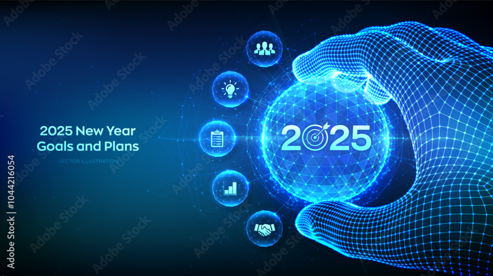 2025 New year Goals and plans concept in the shape of polygonal sphere ...