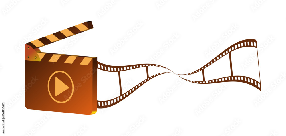 Abstract gold color 3d clapper board icon, 6 frames 35mm film reel ...