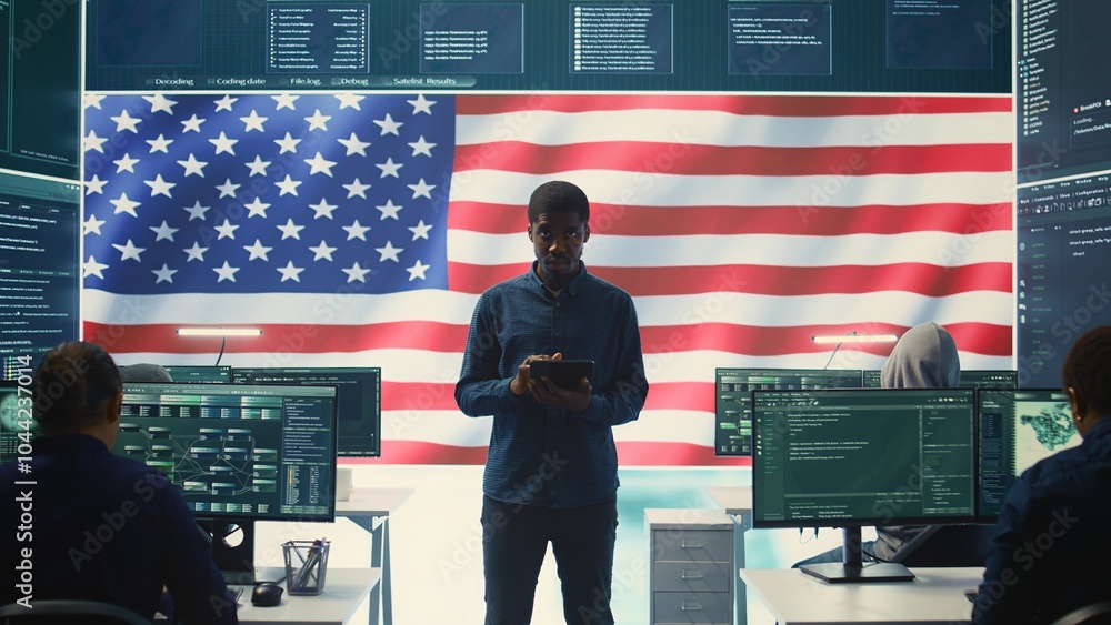 Cybersecurity expert working in a governmental hacking room with the ...