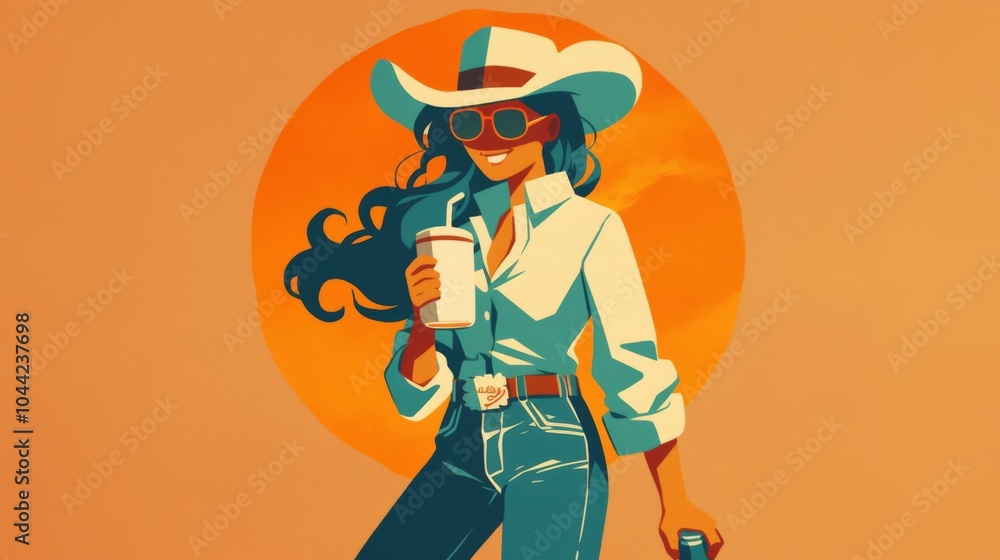 A retro poster of cowgirl drinking milk, wearing jeans and cowboy boots ...
