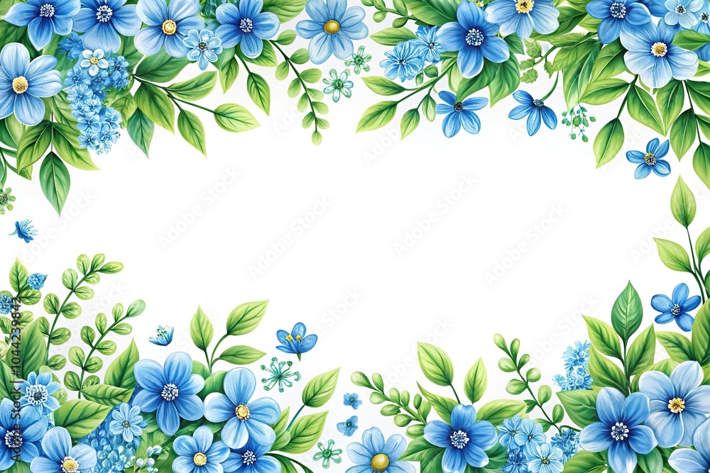 Seamless floral border with blue flowers and leaves on white background ...