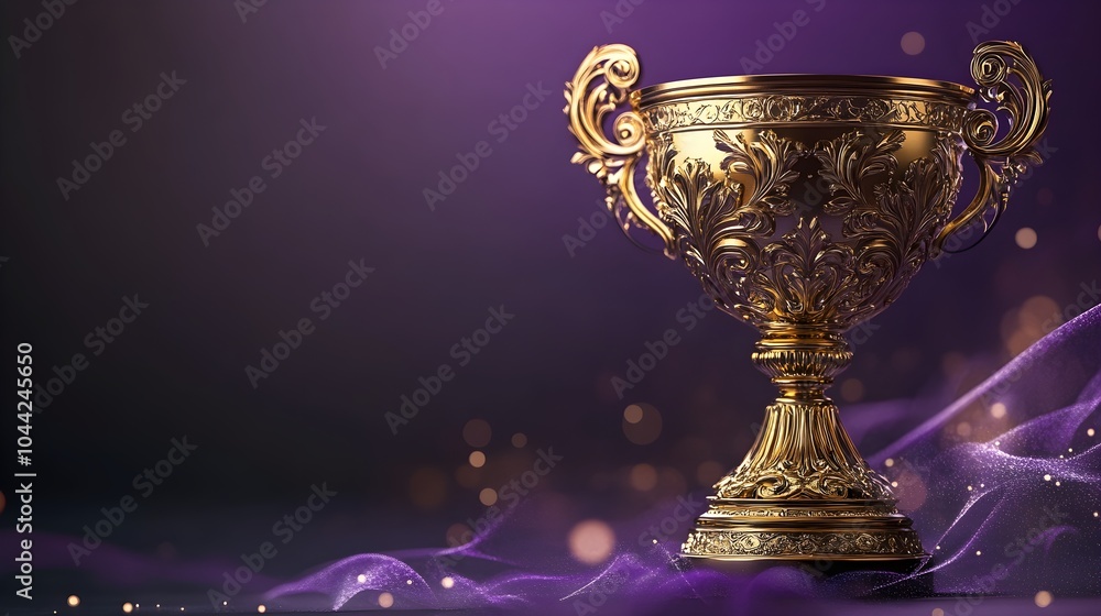 Rich golden trophy with intricate scrollwork, standing proudly on a ...