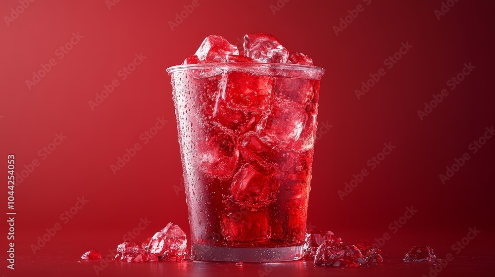 Transparent cup filled with red soda and ice cubes, placed against a ...
