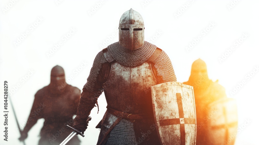 Three medieval knights in full armor with swords and shields, walking ...