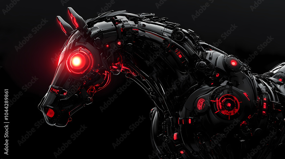 Steampunk robotic horse with glowing red eyes isolated on a transparent ...