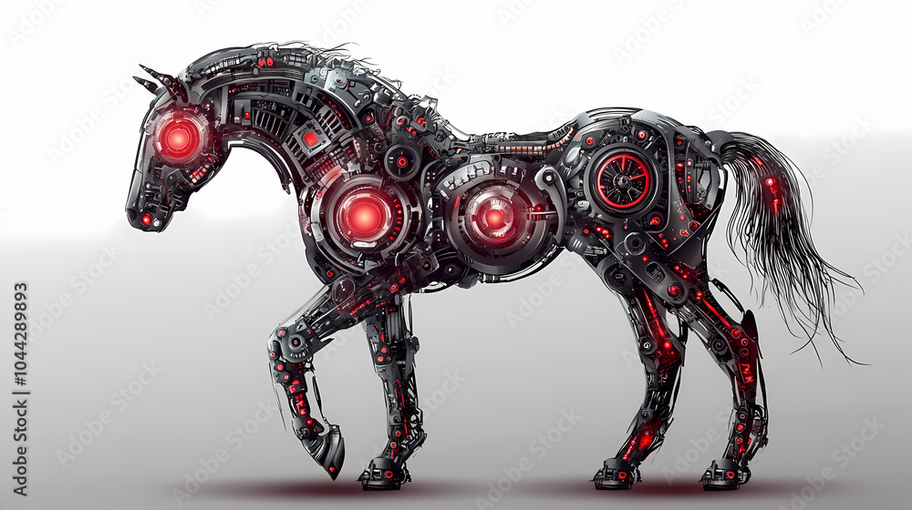 Steampunk robotic horse with glowing red eyes isolated on a transparent ...