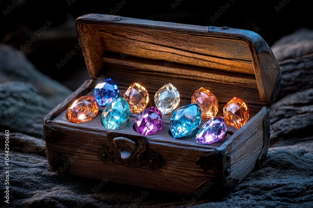 A hero discovering a hidden treasure chest, with glowing gems and ...
