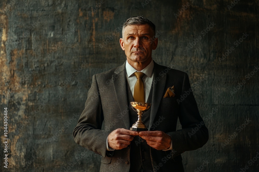 Celebrating success a businessman proudly holds a prestigious trophy ...
