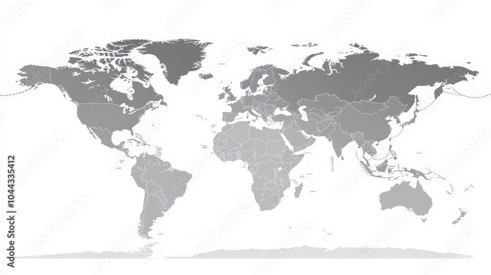 A grayscale world map illustration with country borders, continents ...