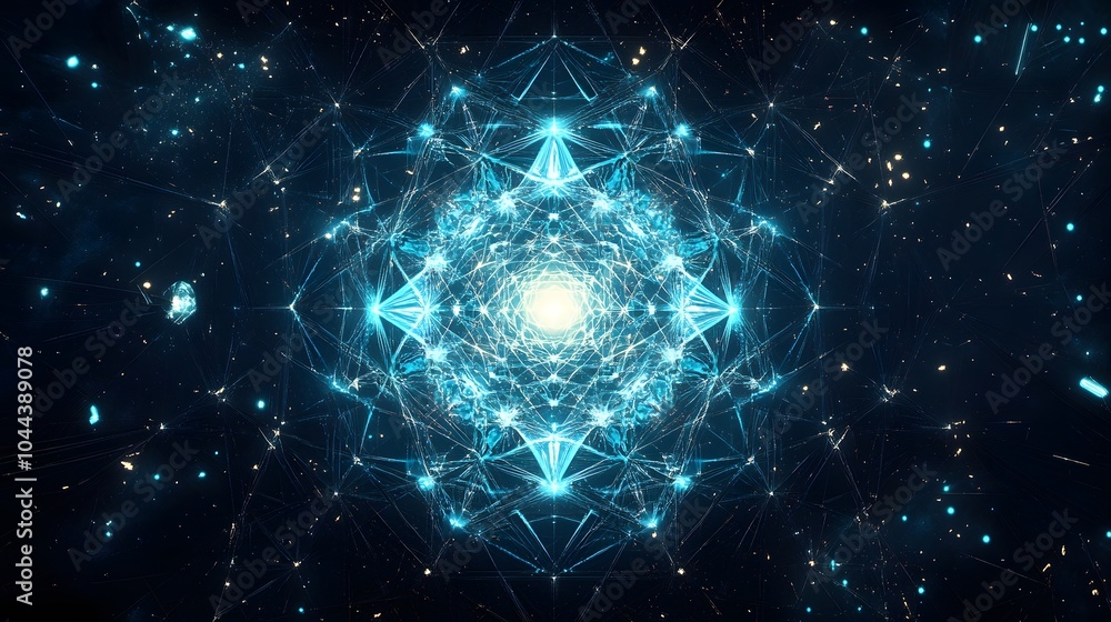 Glowing geometric shapes pulsating around the being representing the ...