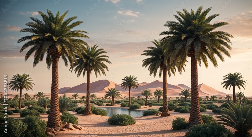 Hidden oasis surrounded by lush palm trees in the midst of the desert ...