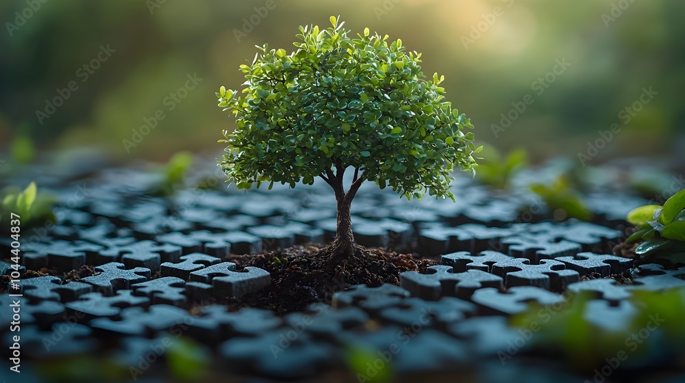 Puzzle pieces coming together to form a stylized tree representing the ...
