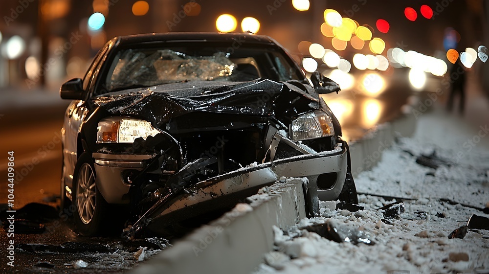 Wrecked car with front end damage and hanging bumper after colliding ...