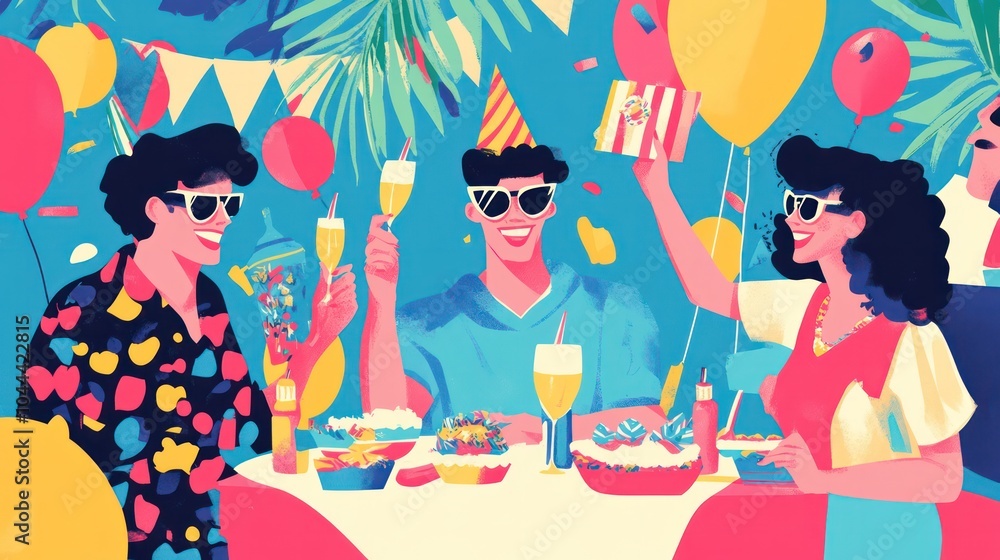 Retro 1980s birthday party illustrations, colorful decorations and ...