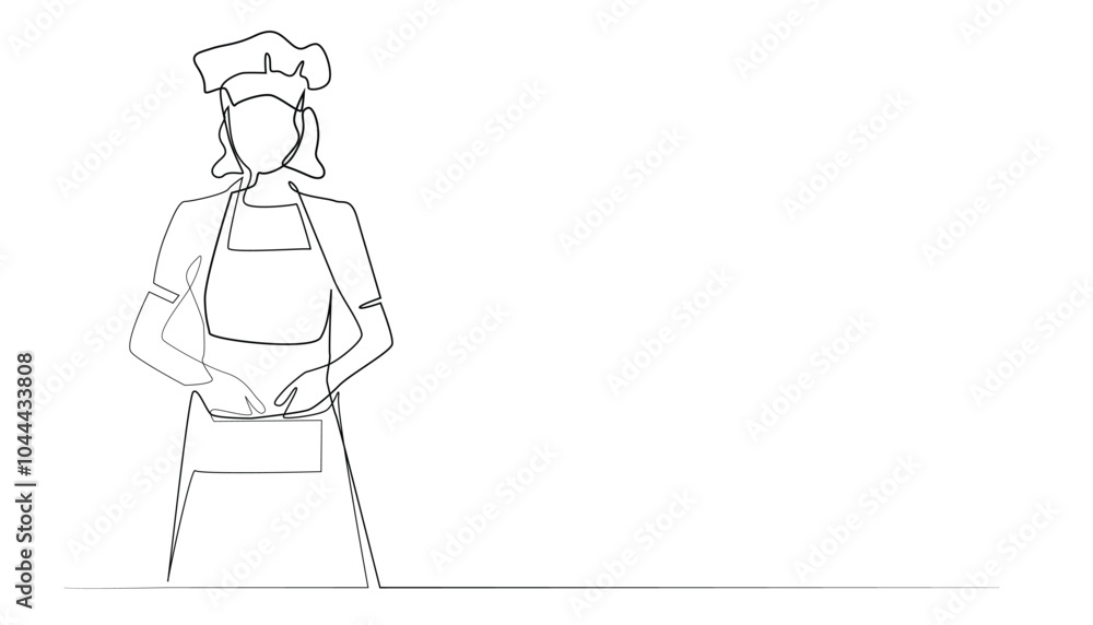 continuous line drawing of a chef's hat and a woman's apron. one line ...
