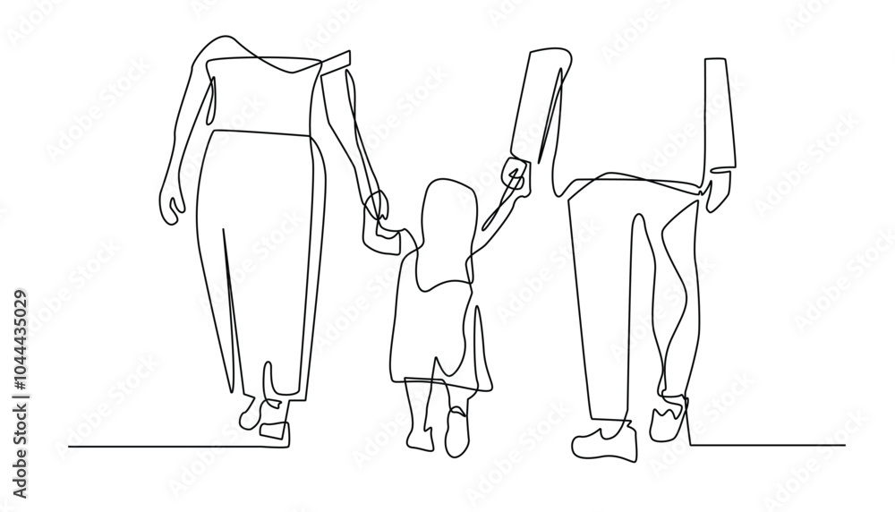 continuous line drawing of daughter holding hands with both parents.one ...