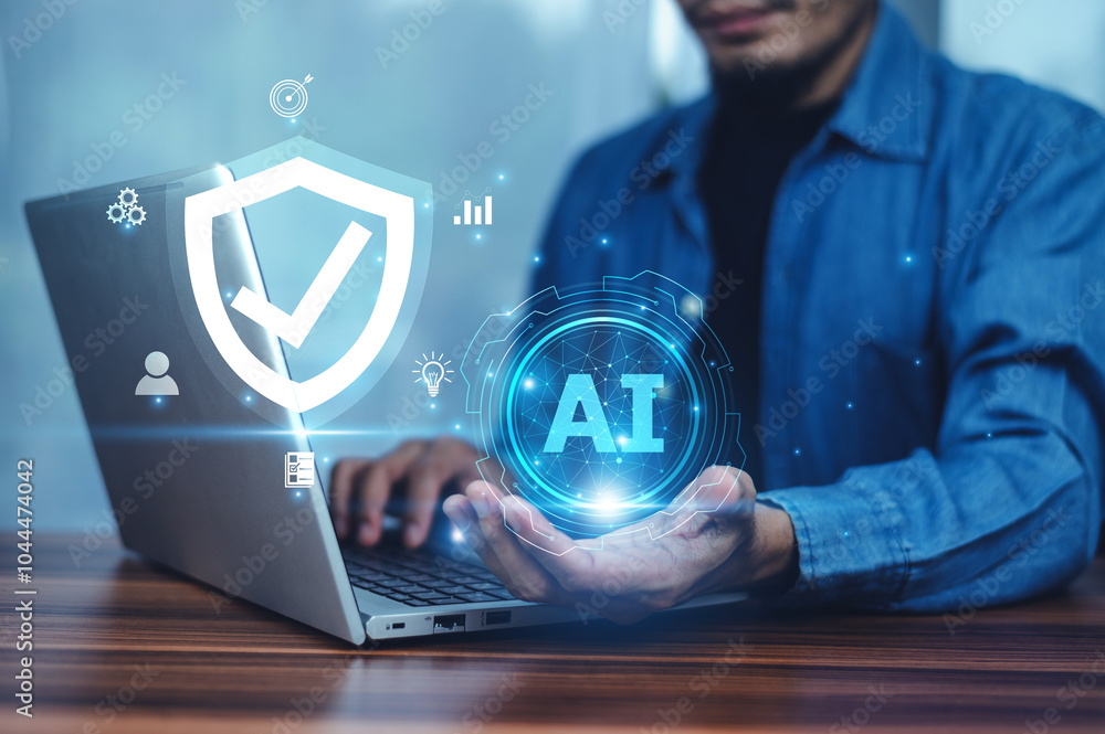 A businessman uses AI for data security to detect potential threats and ...