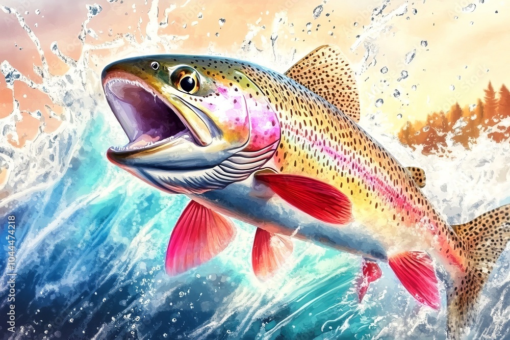 An ultra-realistic drawing of a rainbow trout jumping out of the water, with its mouth open and ...