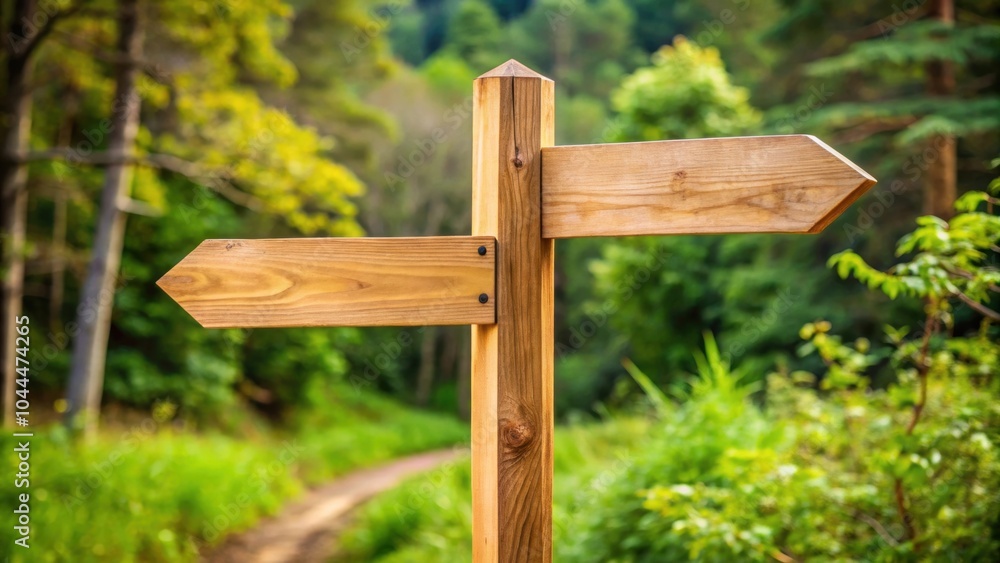 Wooden post with two direction indicators for choice between two paths ...
