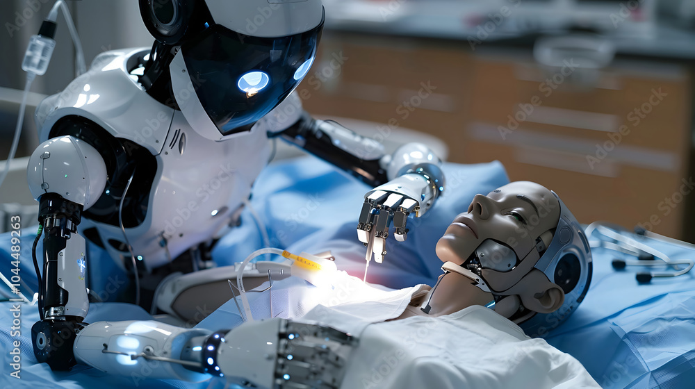 Robotic surgery and medical robotics concept. AI robot performs complex ...