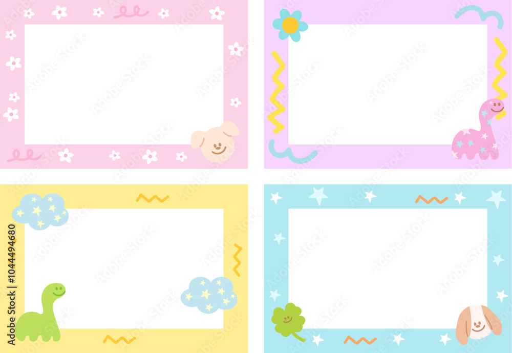 Cute pastel frame set with dinosaur, puppy, clover leaf, flowers for ...