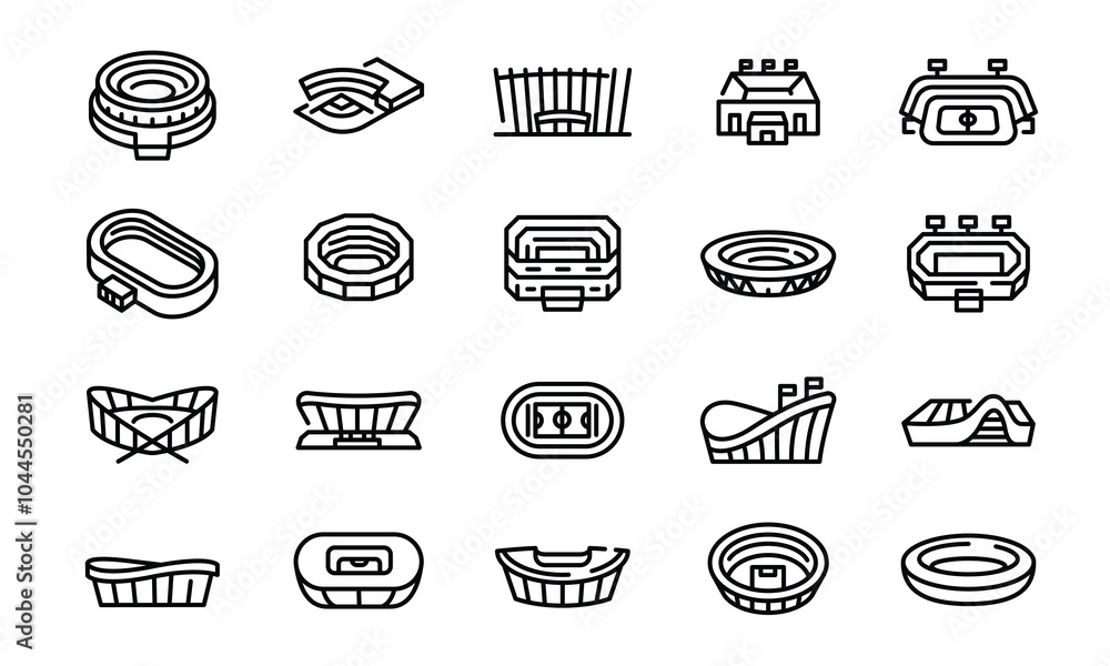 Stadium icons. Set of 20 modern minimal stadium icons. Football stadium ...