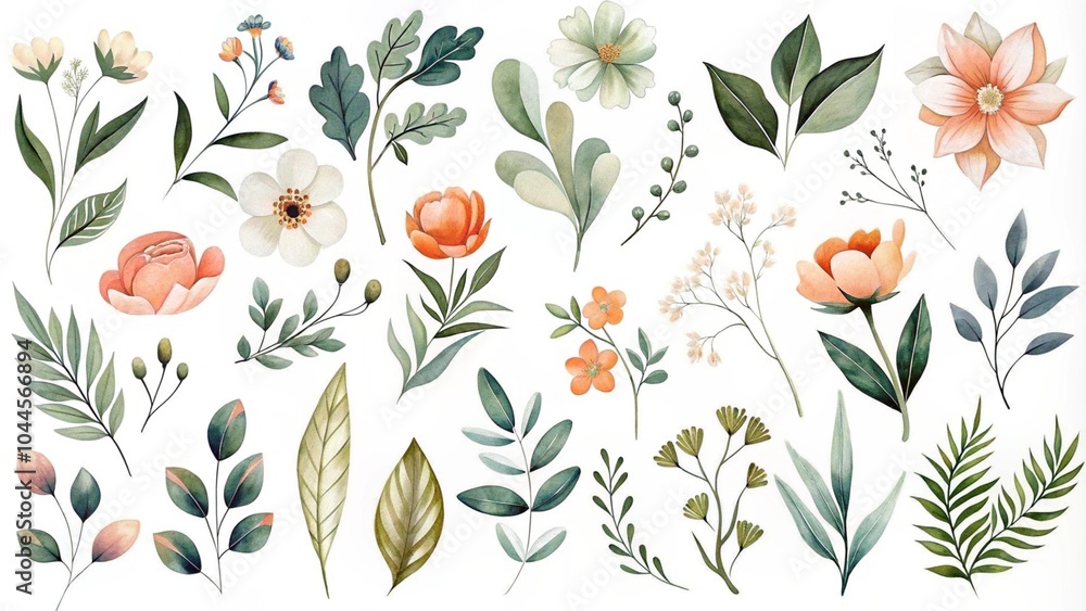 Set of hand drawn watercolor vector illustrations of leaves and flowers ...