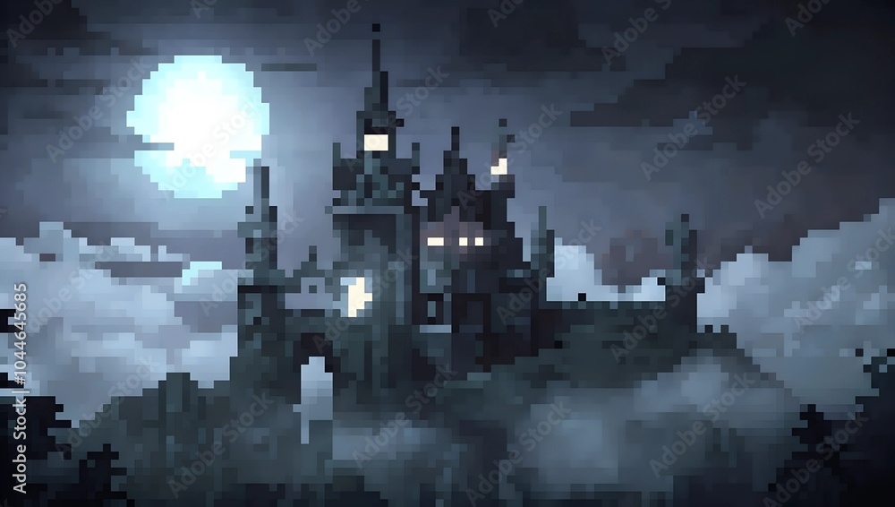 Dark gothic castle on a foggy night with full moon pixel art background ...