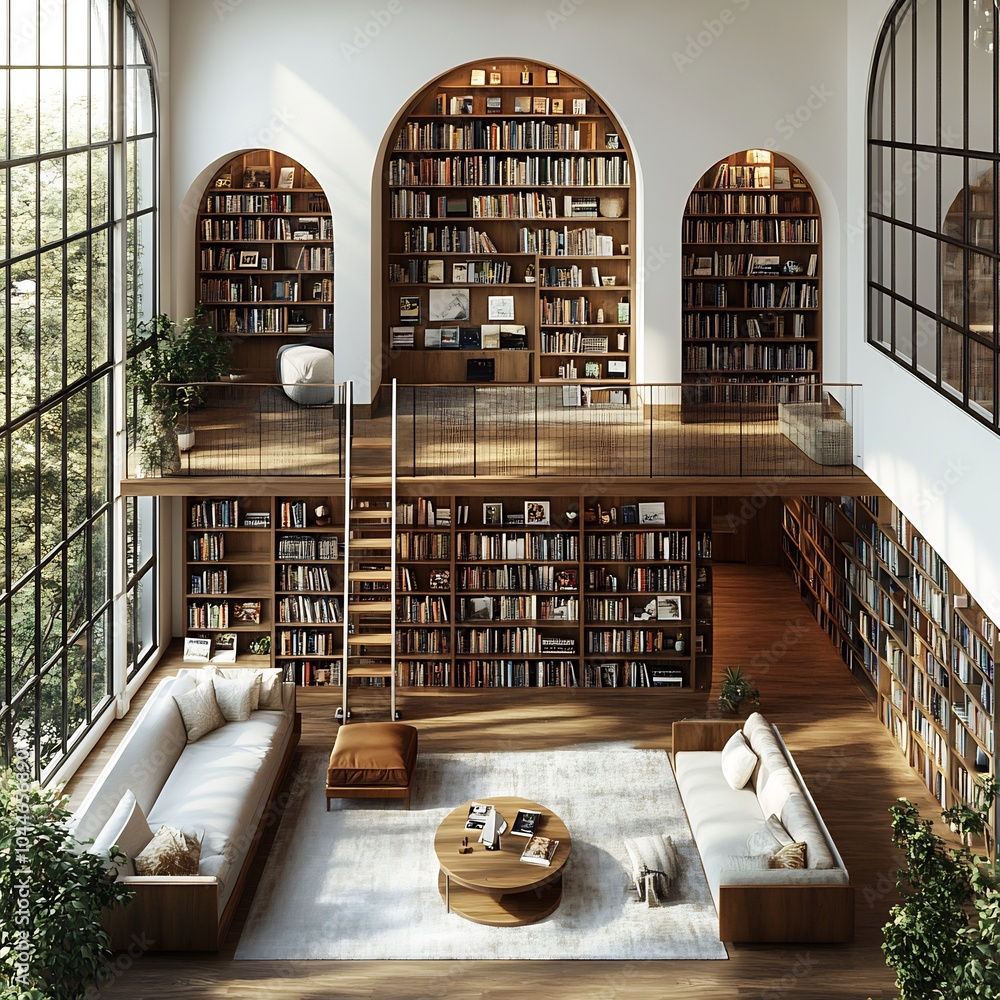 3d render of home library with tall builtin bookshelves rolling ladder ...