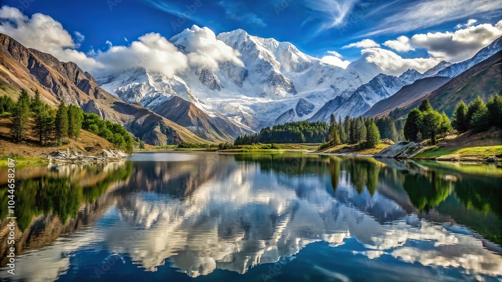 Symmetrical landscape with lake, mountains, Nanga Parbat, clouds, blue ...