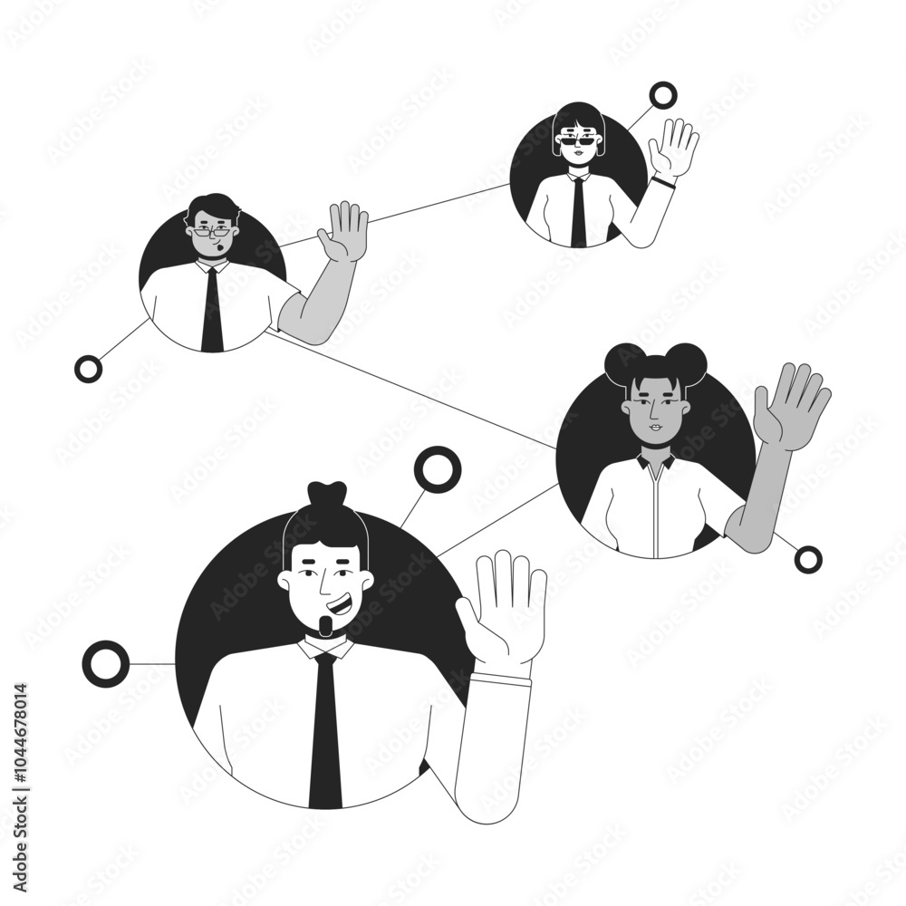 Vector de Stock Networking connected people diverse black and white 2D line characters ...