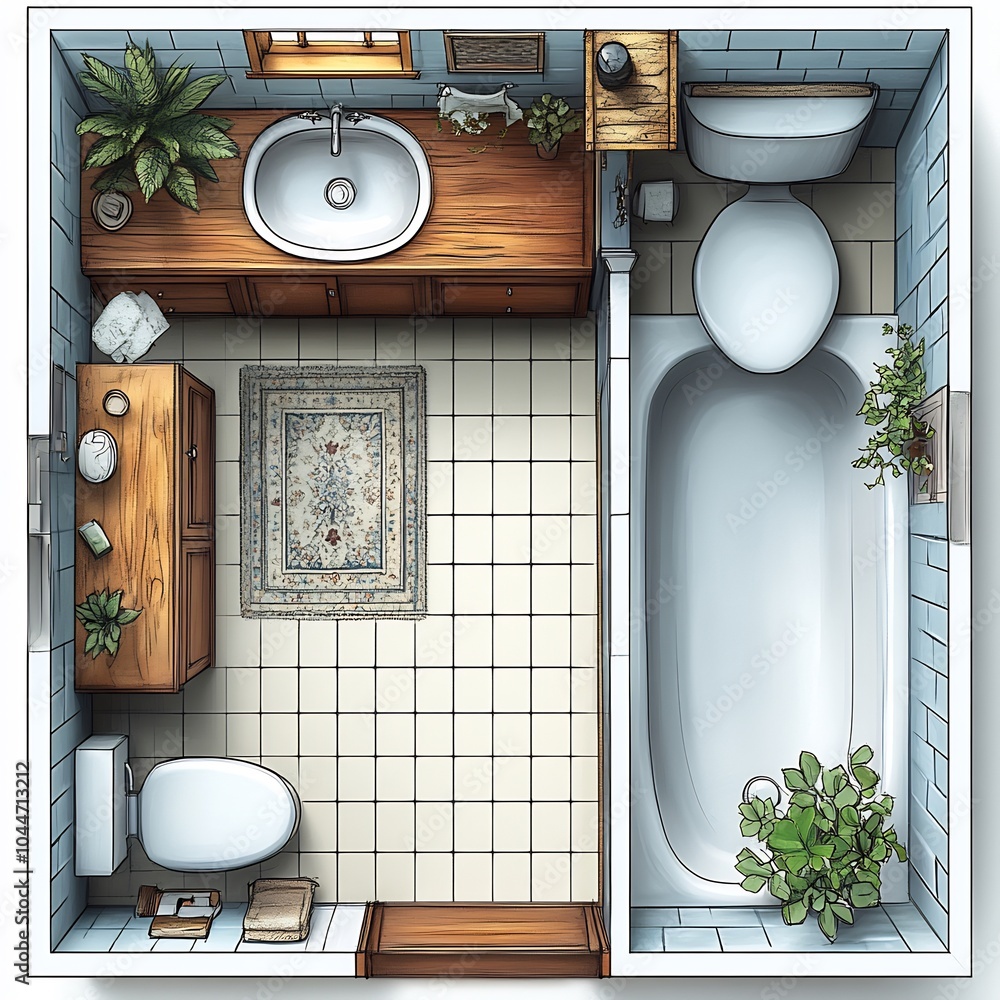 3d top view of retro bathroom layout featuring a pedestal sink classic ...